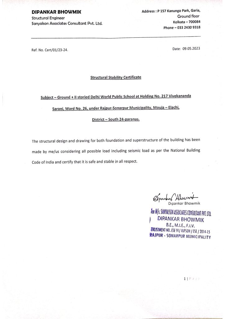 Structural Stability Certificate - Delhi World Public School Kolkata