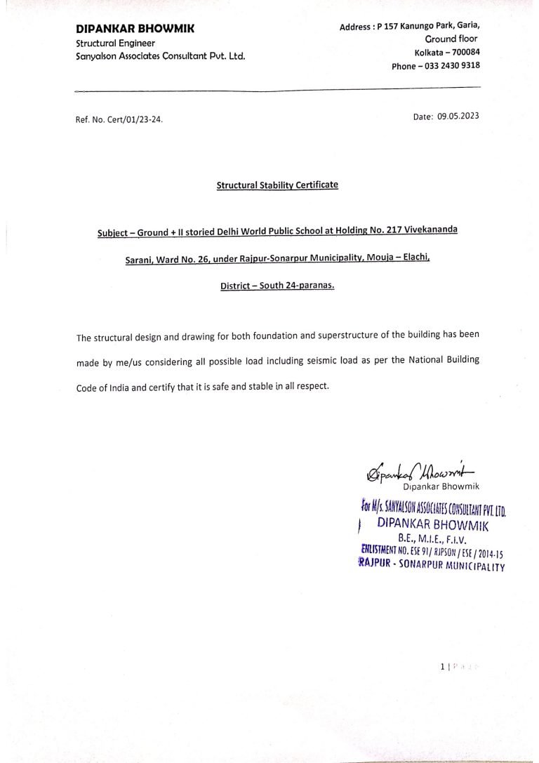 Structural Stability Certificate - Delhi World Public School Kolkata