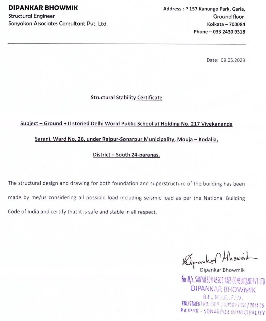 Structural Stability Certificate – Delhi World Public School Kolkata