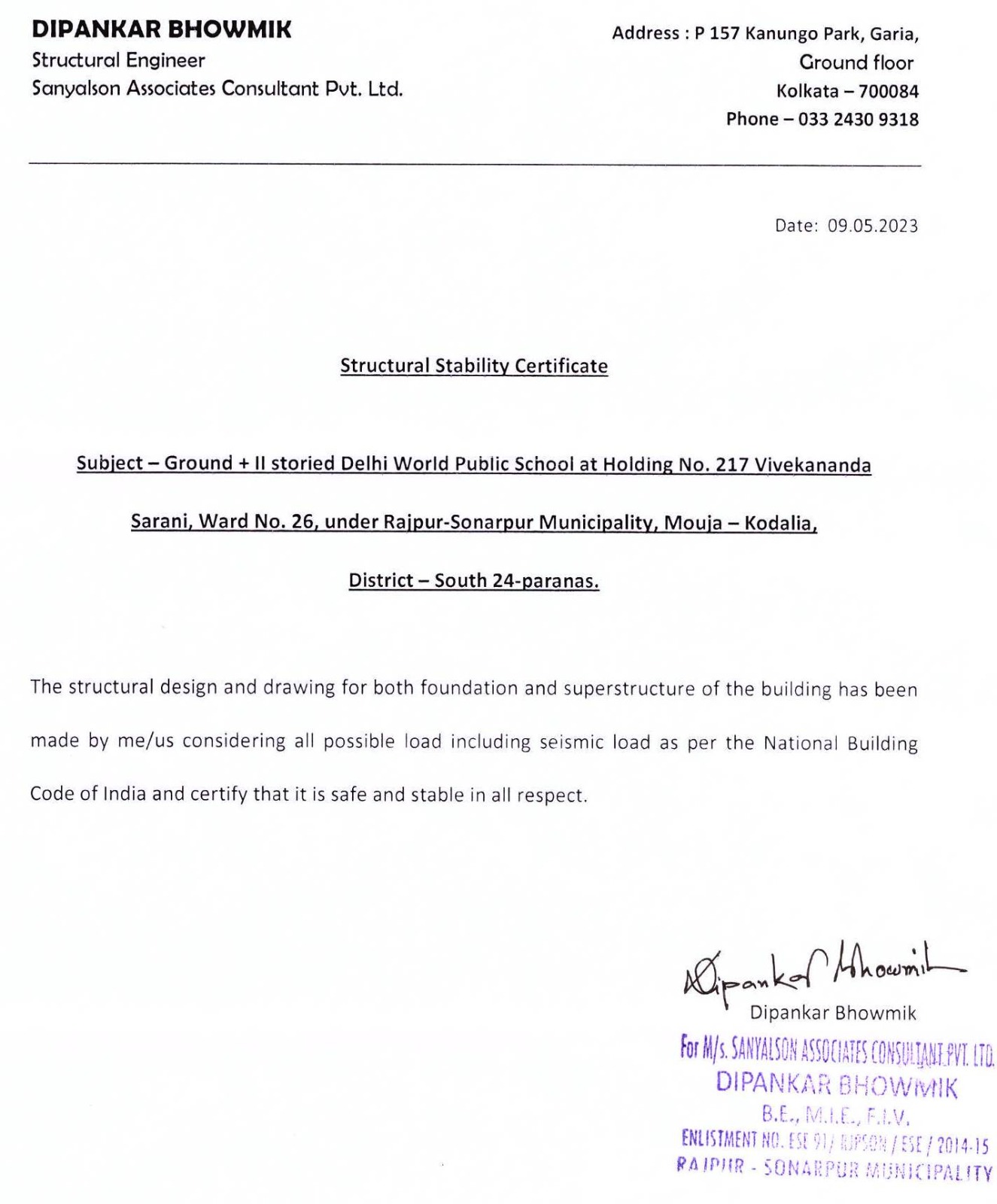Structural Stability Certificate – Delhi World Public School Kolkata Structural Stability Certificate – Delhi World Public School Kolkata