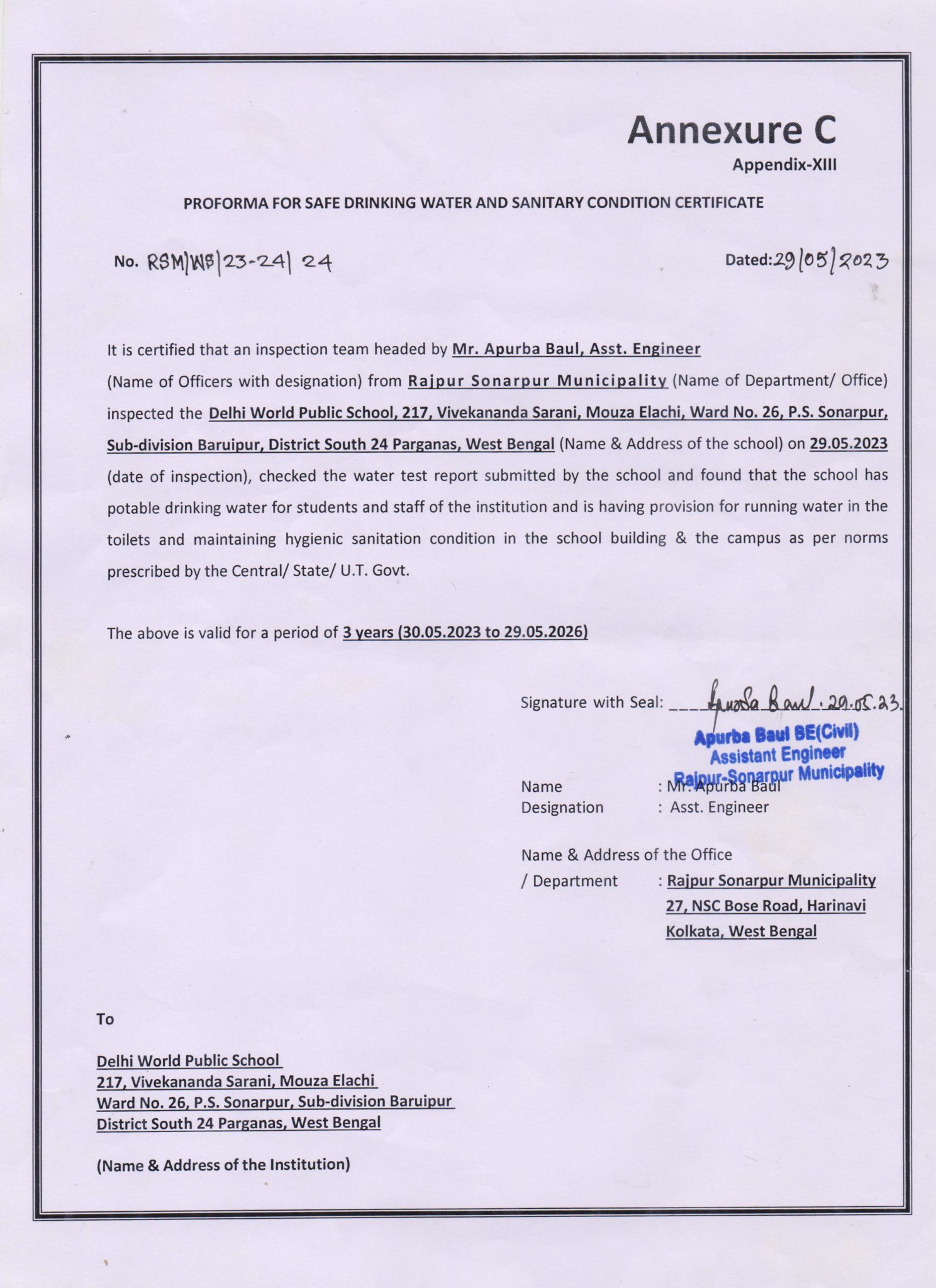Safe Drinking Water & Sanitary Condition Certificate - Delhi World ...