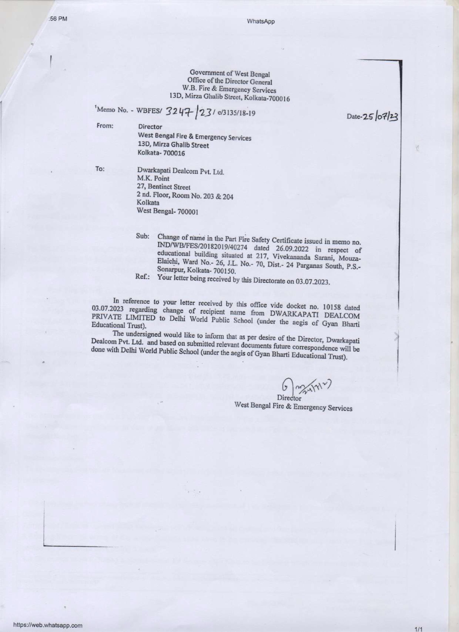 Fire NOC - Delhi World Public School Kolkata