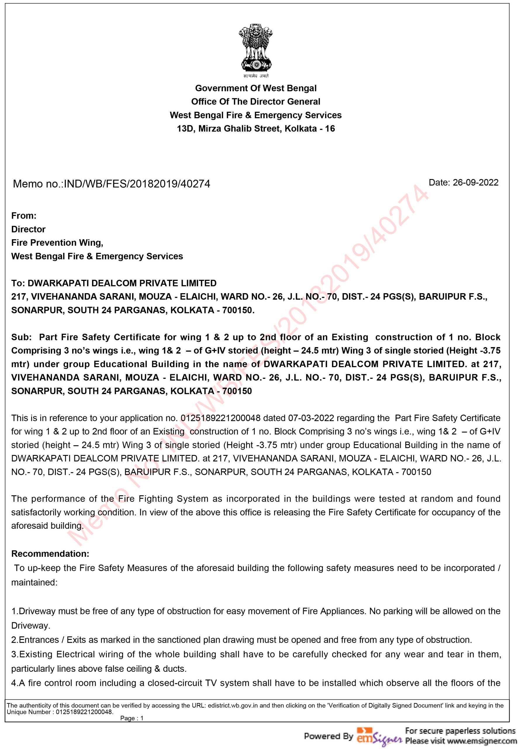 Fire NOC - Delhi World Public School Kolkata